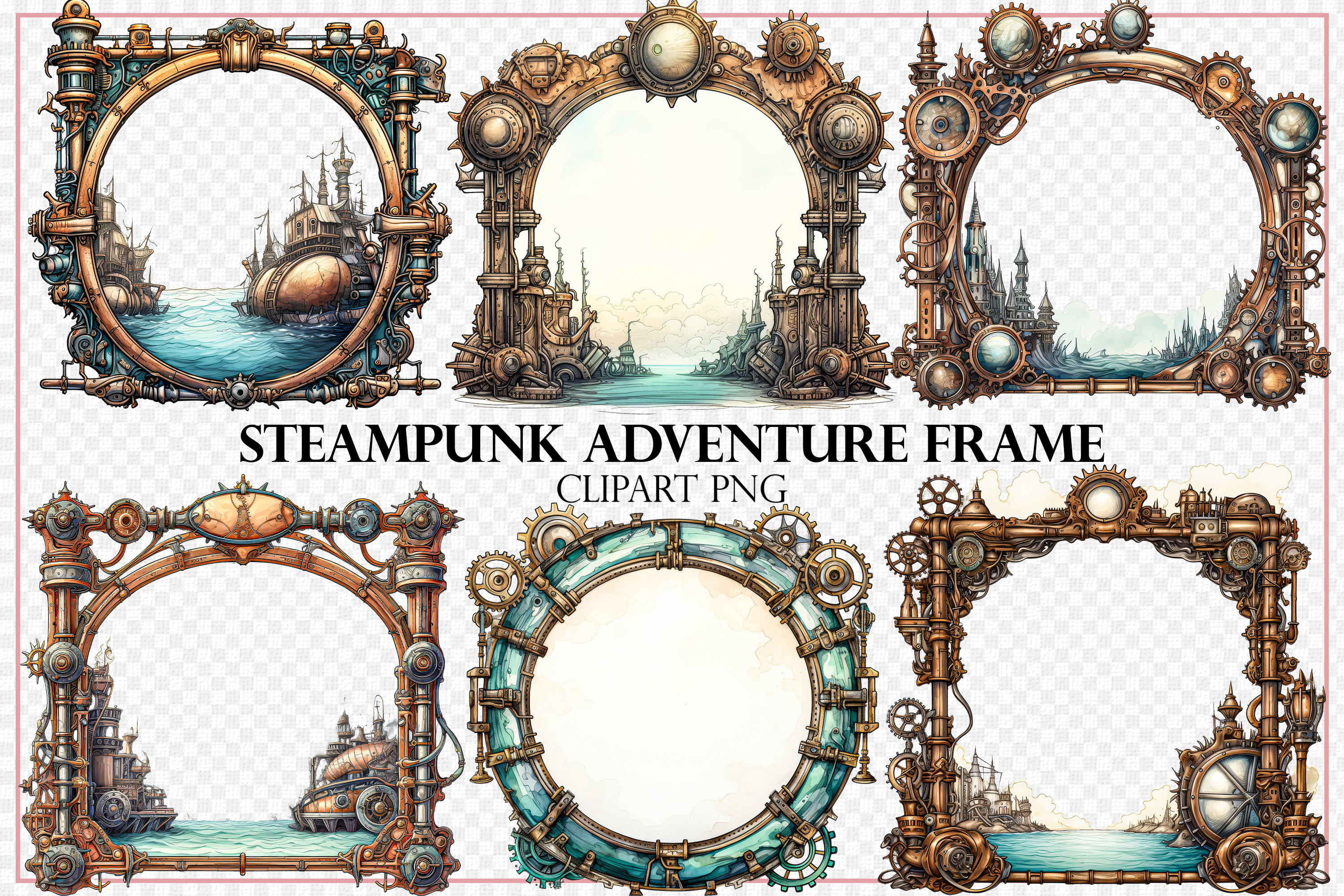 Steampunk Adventure Frame 28 Watercolor PNG Designs for Scrapbooking ...