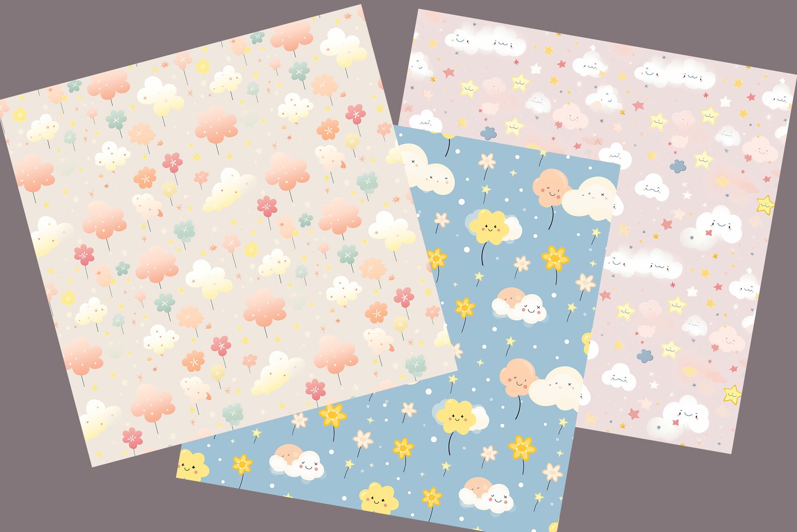 Colorful and Cute Flower and Cloud Characters - 35 Seamless Digital ...