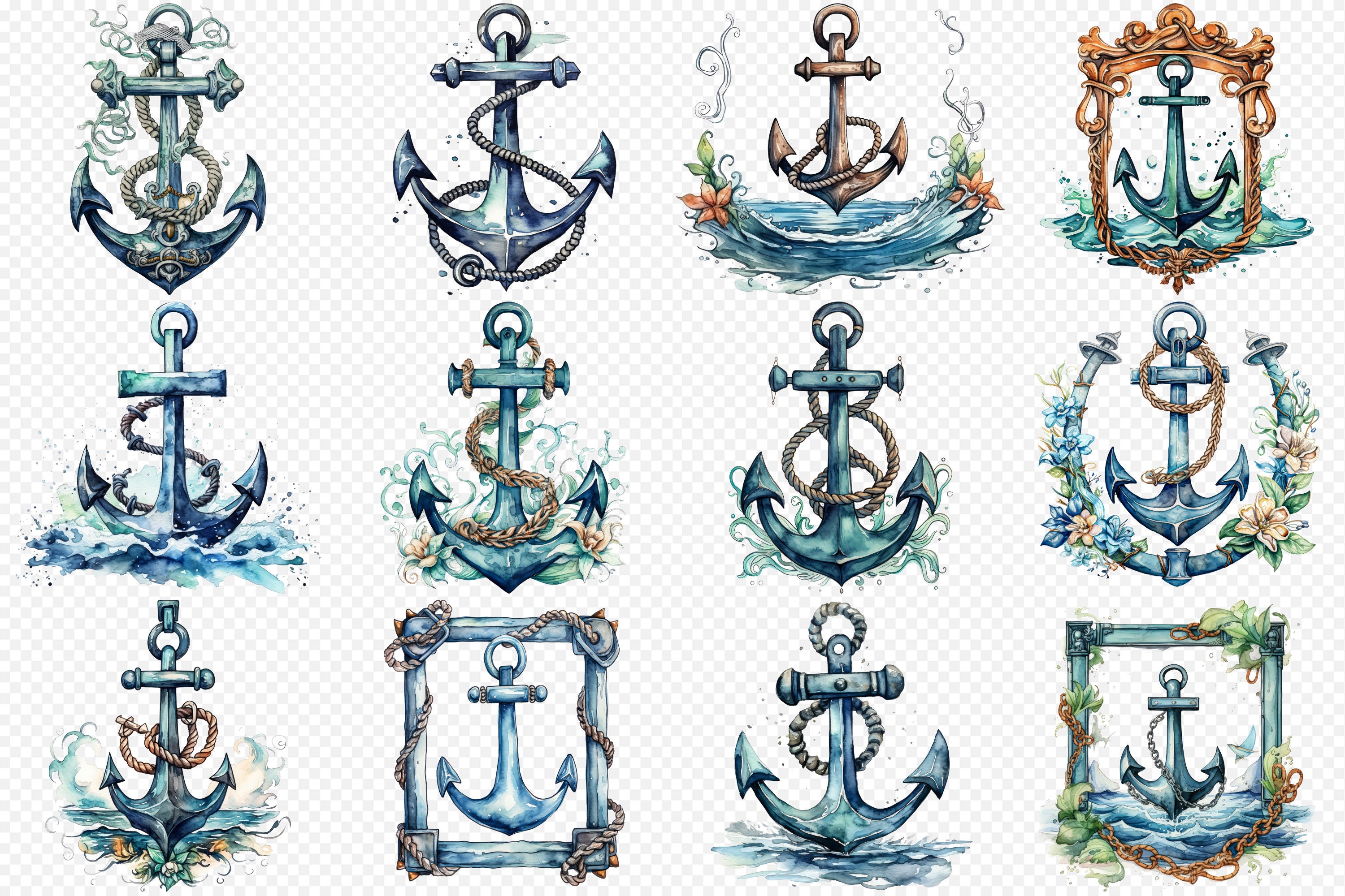 Nautical Anchor Clipart Set, 46 Marine Theme Digital Graphics, Ocean ...