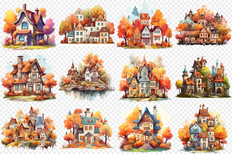 Autumn Villages House Watercolor Clipart, 74 Cozy Fall Cottage ...