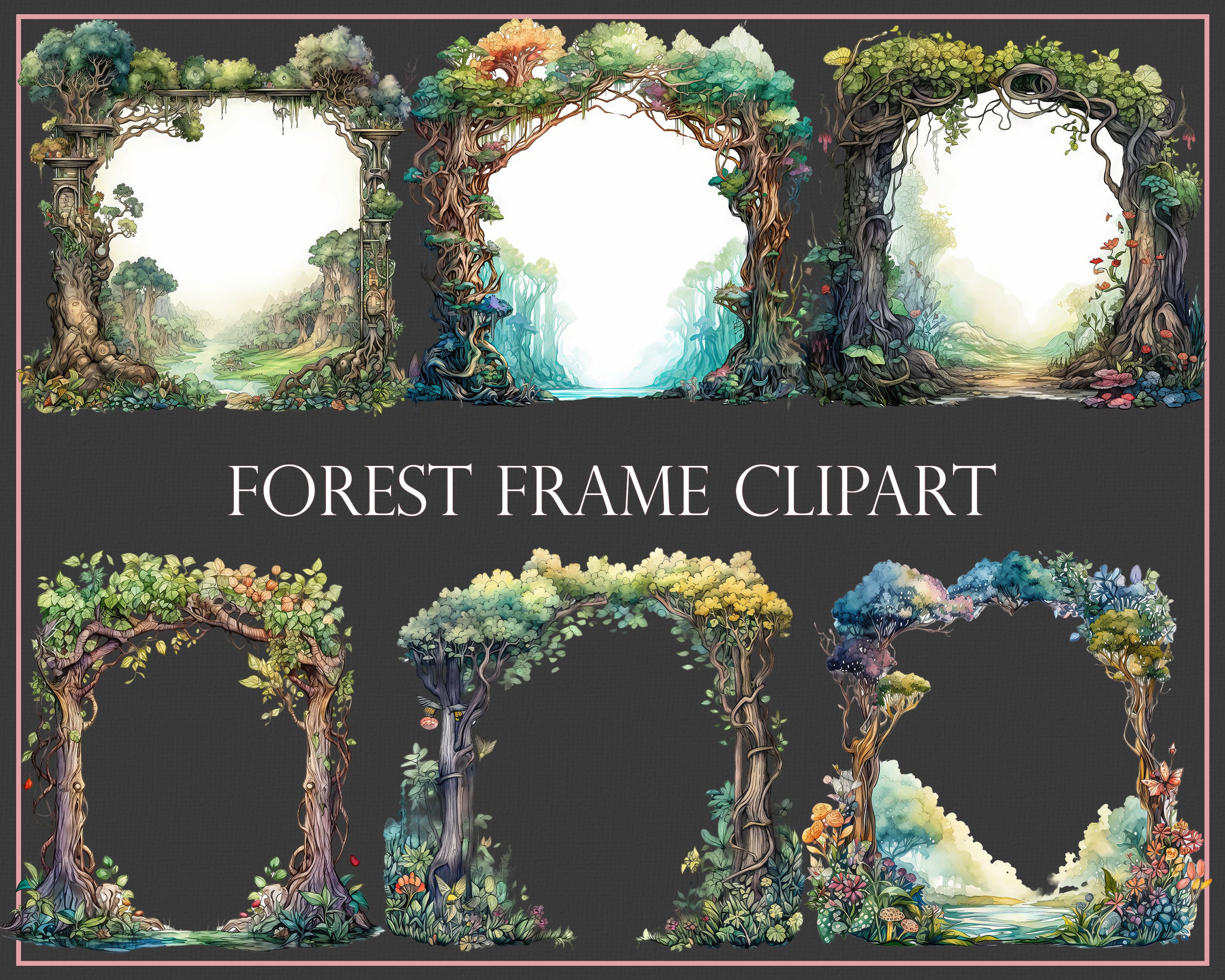 Forest Frame Watercolor Clipart Bundle 24 Nature Inspired Pngs Woodland ...