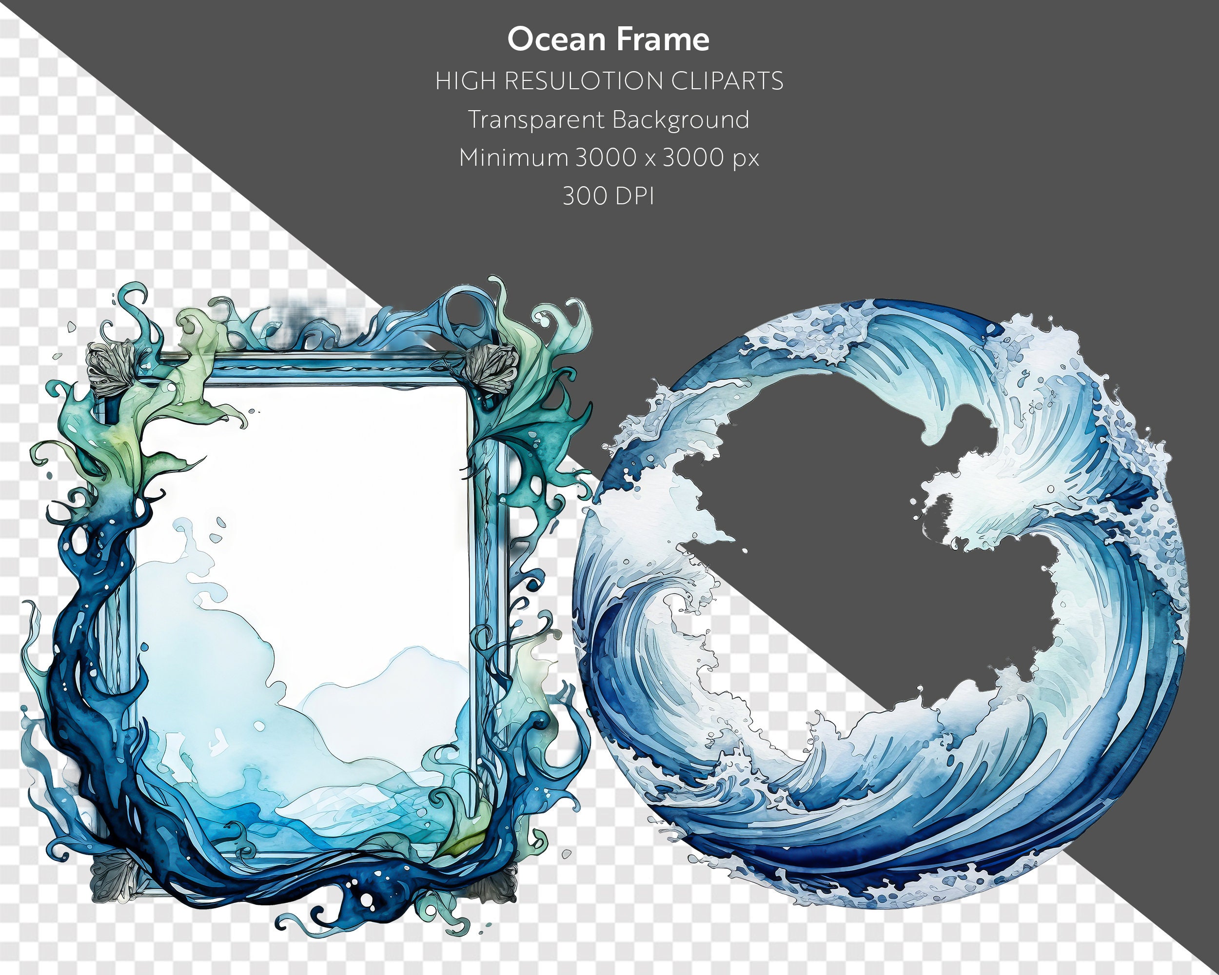 Ocean Frame Clipart, 22 Wave Border Art, Seaside Serenity Frame Clipart ...