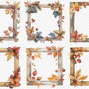 Autumn Leaves and Wood Frame 28 PNG Bundle, Fall Watercolor Border ...