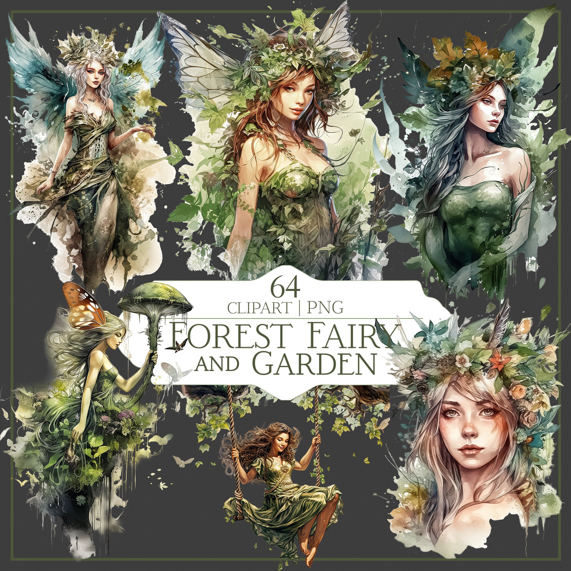 64 Forest Fairy Garden Clipart Bundle Watercolor PNG Elements Perfect ...