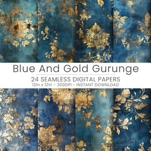 24 Blue and Gold Gurunge Digital Paper, Digital Paper, Instant Download ...