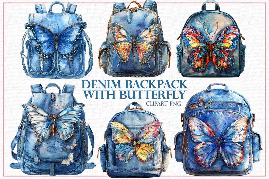 Denim Butterfly Backpack Clipart, 24 Watercolor Butterfly Backpack ...