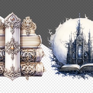 White Gothic Fantasy Books Clipart, Open Books PNG, Intricate Gothic ...