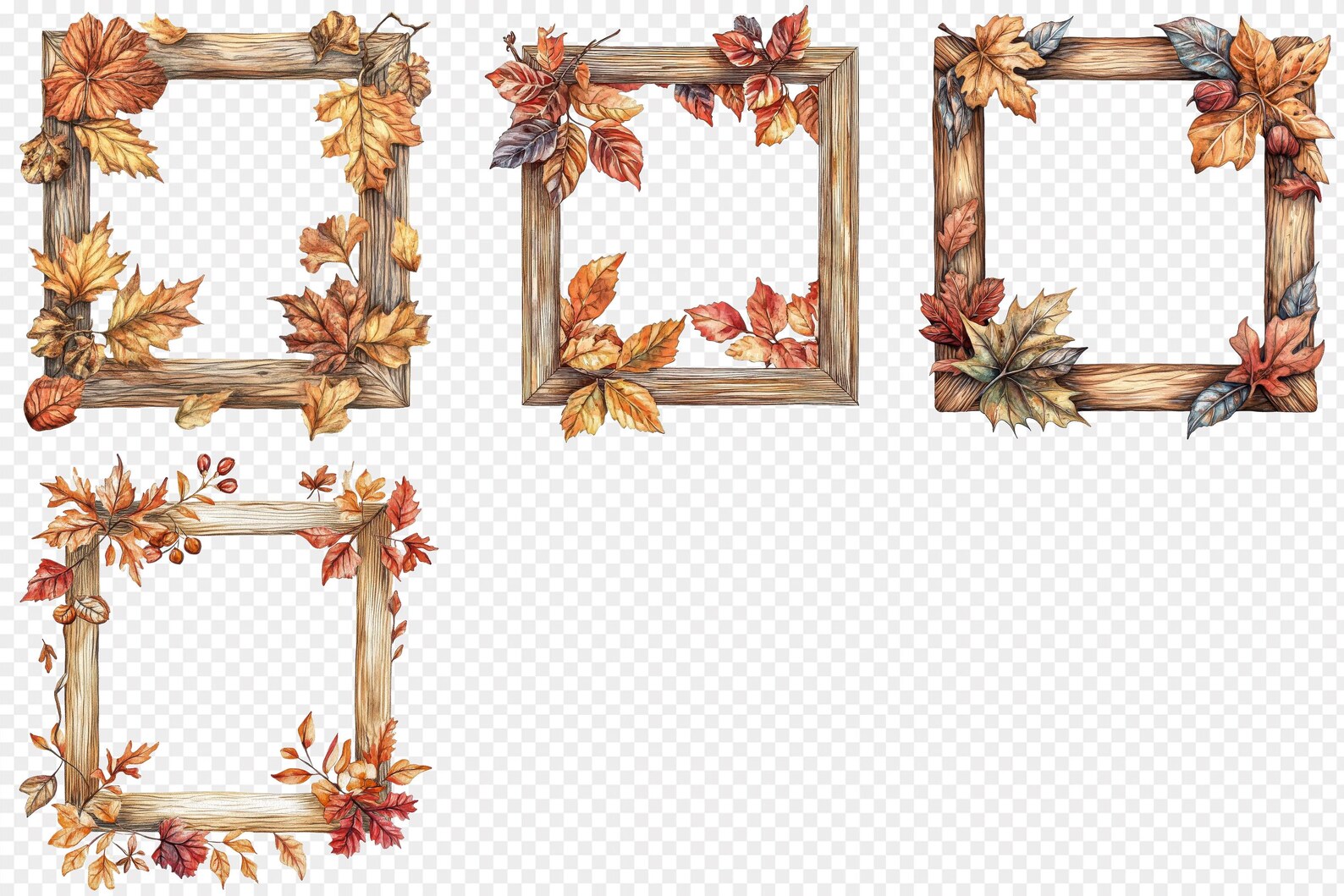 Autumn Leaves and Wood Frame 28 PNG Bundle, Fall Watercolor Border ...