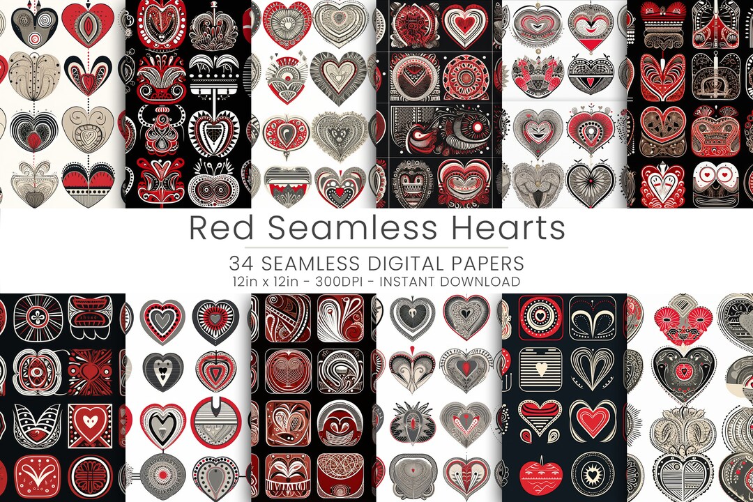 34 Red Seamless Pattern Hearts Digital Paper, Digital Valentine's Day ...