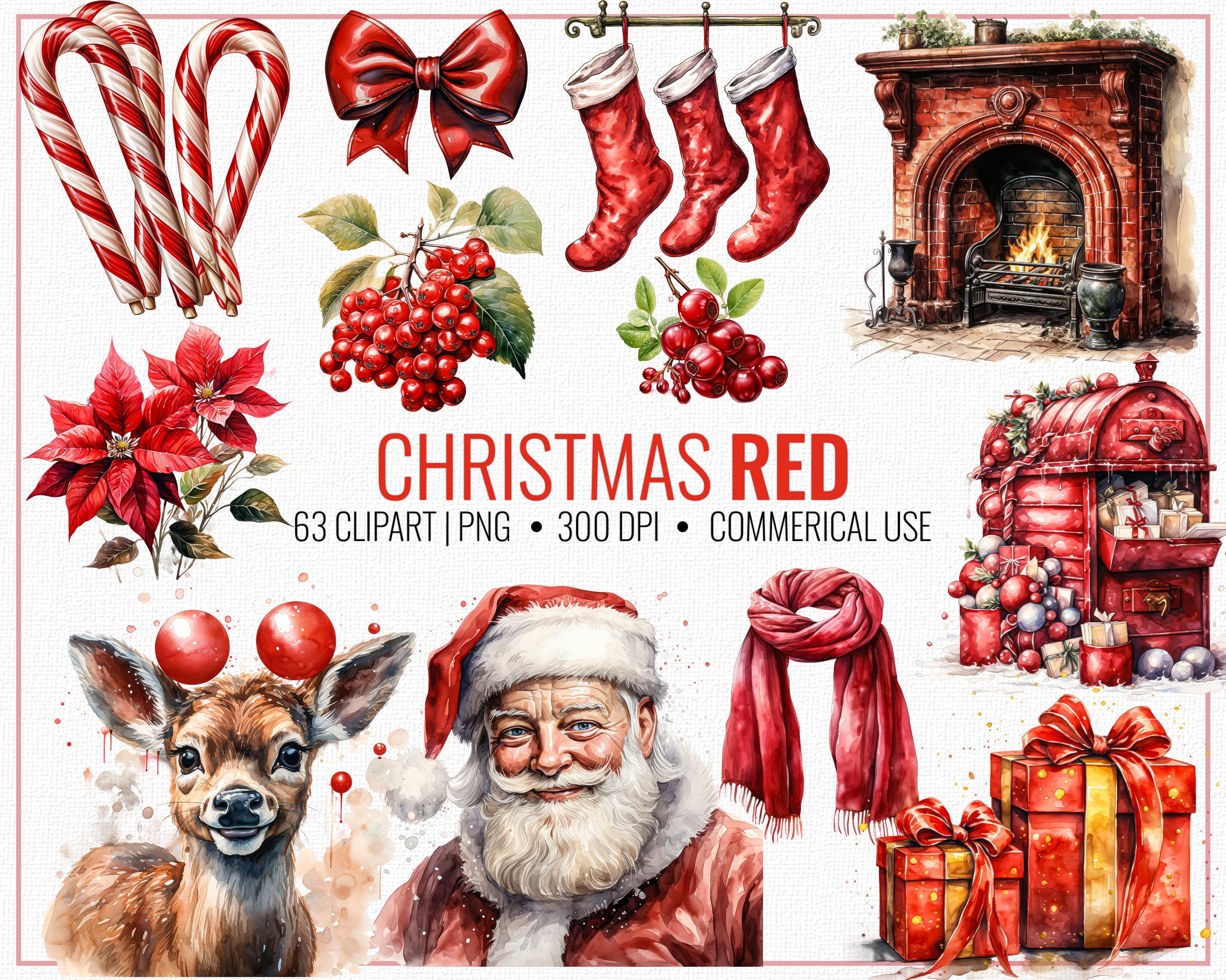 Christmas Red Clipart, Festive Christmas Graphics,63 High-quality Red ...