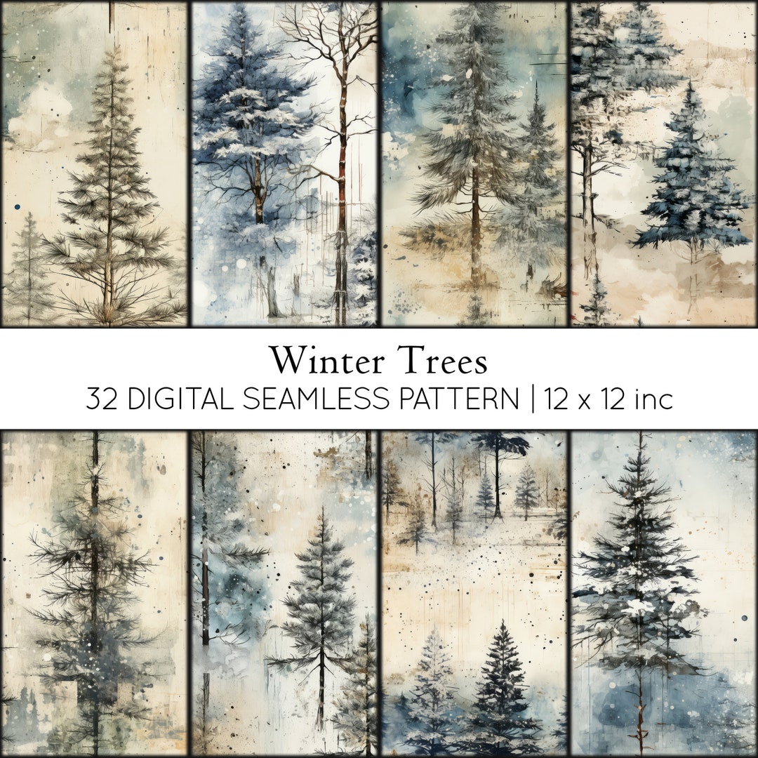 32 Winter Trees Watercolor Digital Paper, Abstract Pine Trees, Rustic ...