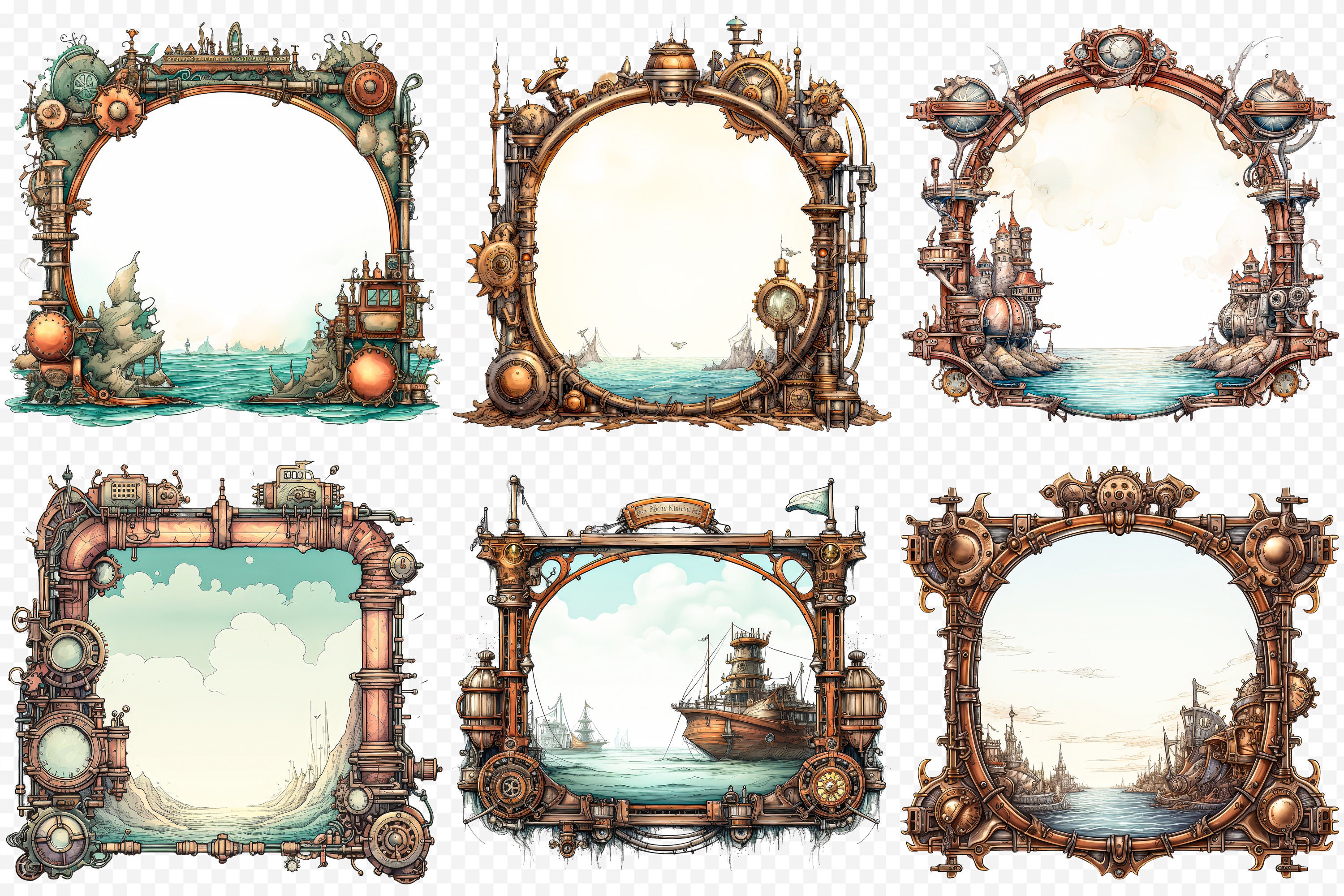 Steampunk Adventure Frame 28 Watercolor PNG Designs for Scrapbooking ...