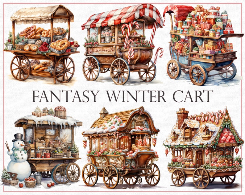 Winter Cart Clipart, Fantasy Snowy Illustrations (PNG Digital Download ...