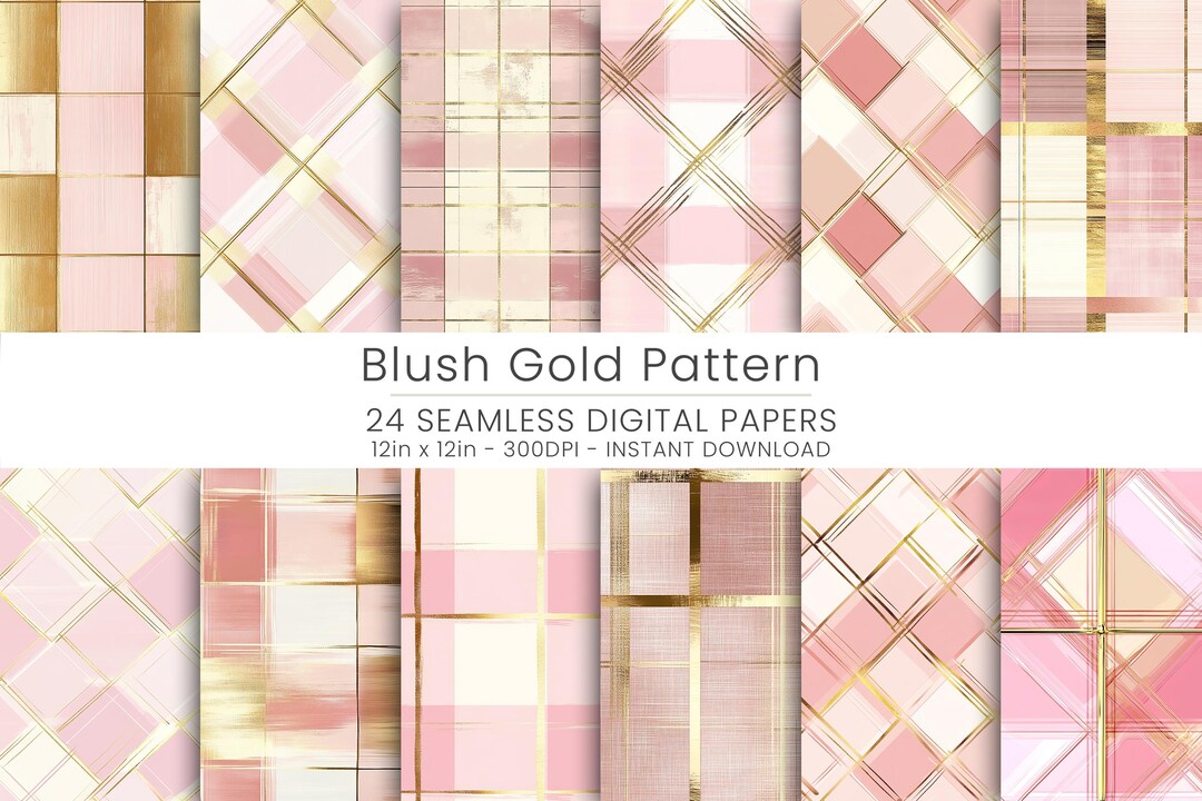 24 Blush and Gold Plaid Seamless Digital Paper | Luxury Backgrounds for ...