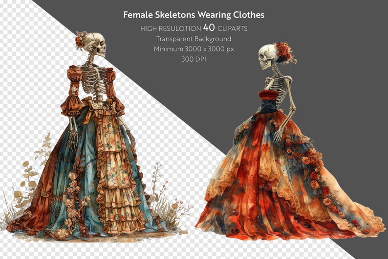 40 Female Skeletons in Stylish Clothes PNG - Halloween Clipart ...