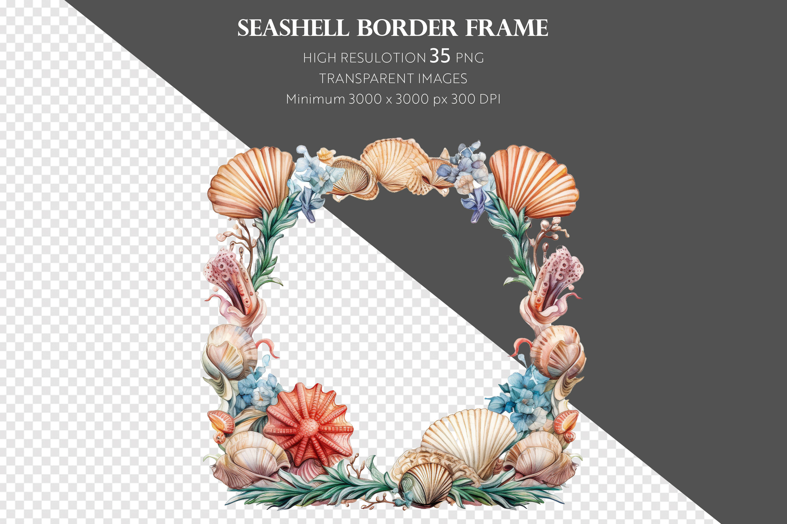 Seashell Border Frame Clipart 35 PNG Designs for Beach Crafts ...