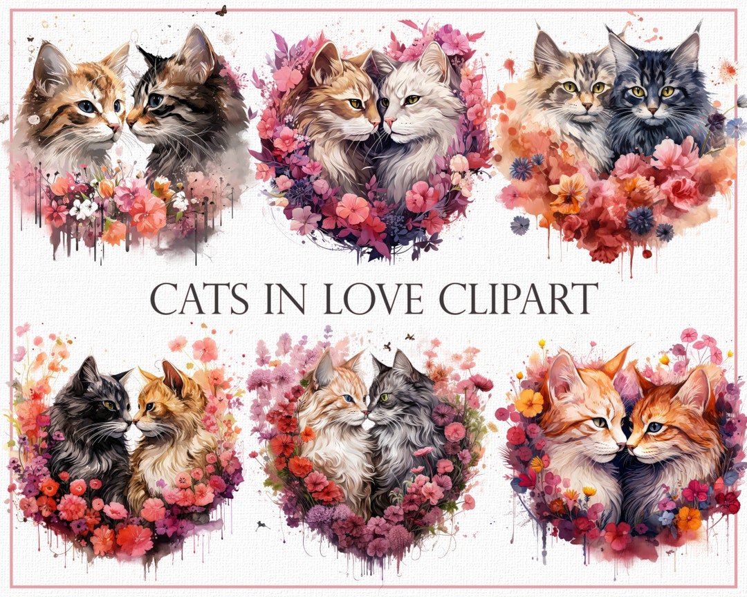 Cats in Love Clipart - Romantic Feline Illustrations, Valentine's Day ...