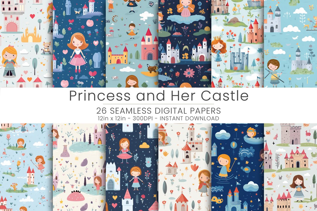 23 Princess and Her Castle Digital Paper, Home Decor, Repeatable, JPG ...