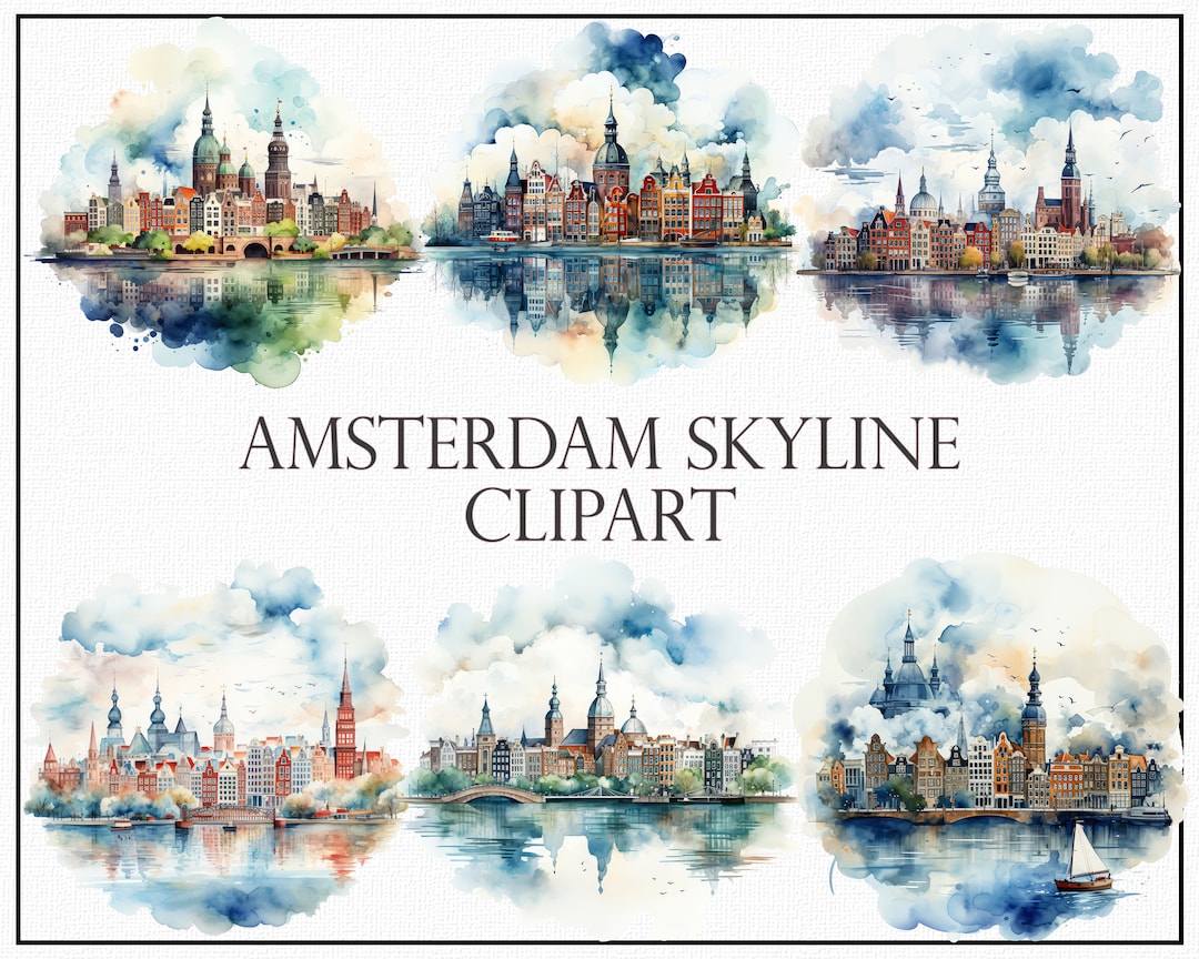 Amsterdam Skyline Clipart - Dutch Cityscape Graphics, Digital Amsterdam ...