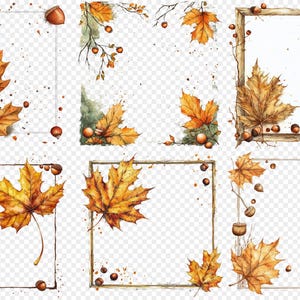 Fall Autumn Leaves Frame Clipart, 24 PNG Acorn Maple Leaf Watercolor ...