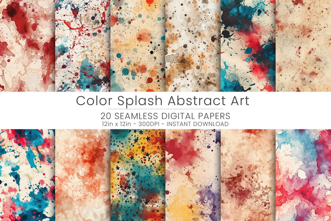20 Color Splash Abstract Art Digital Paper - Vibrant Seamless Patterns ...