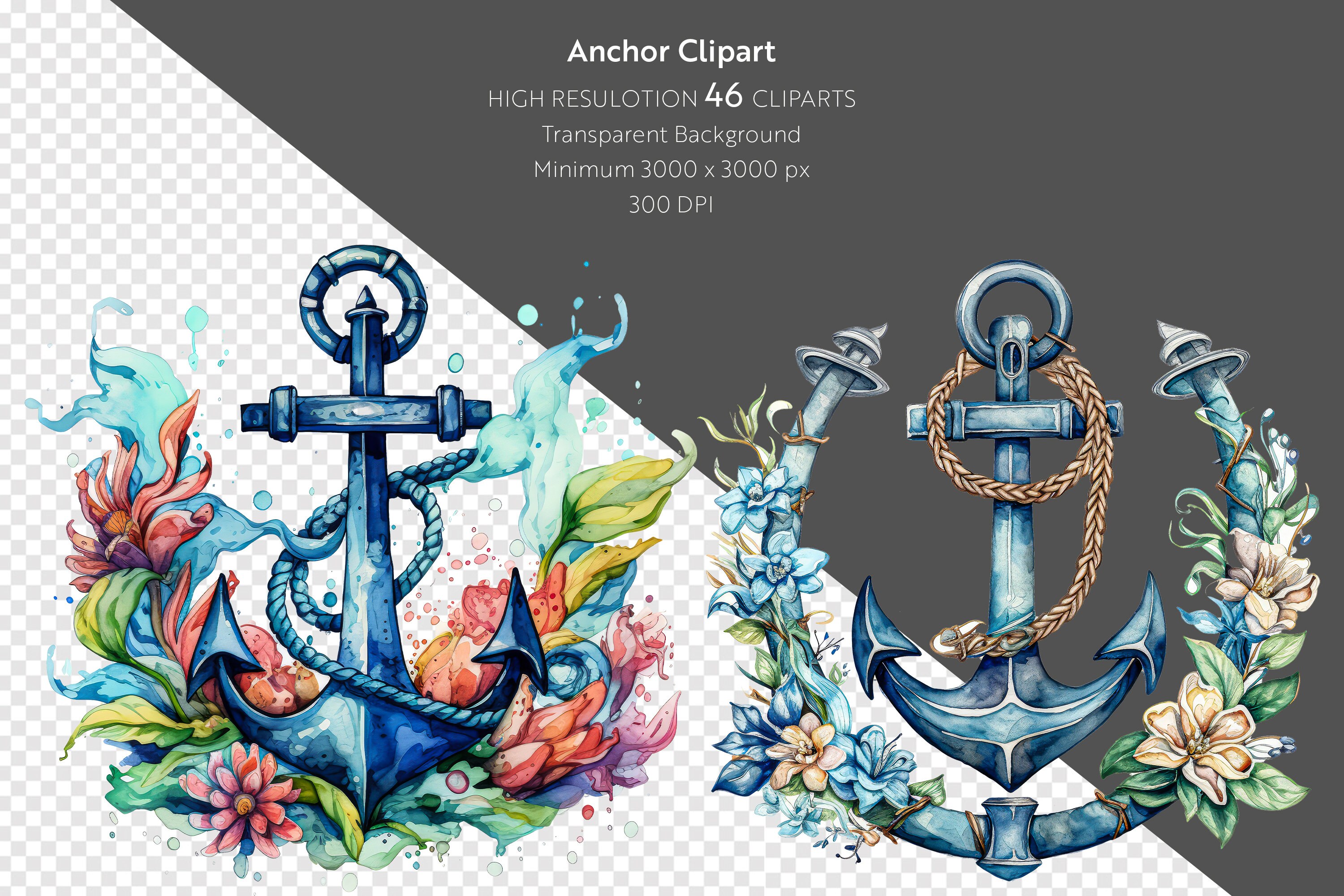 Nautical Anchor Clipart Set, 46 Marine Theme Digital Graphics, Ocean ...