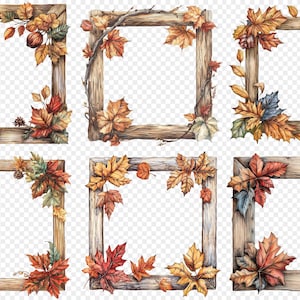 Autumn Leaves and Wood Frame 28 PNG Bundle, Fall Watercolor Border ...