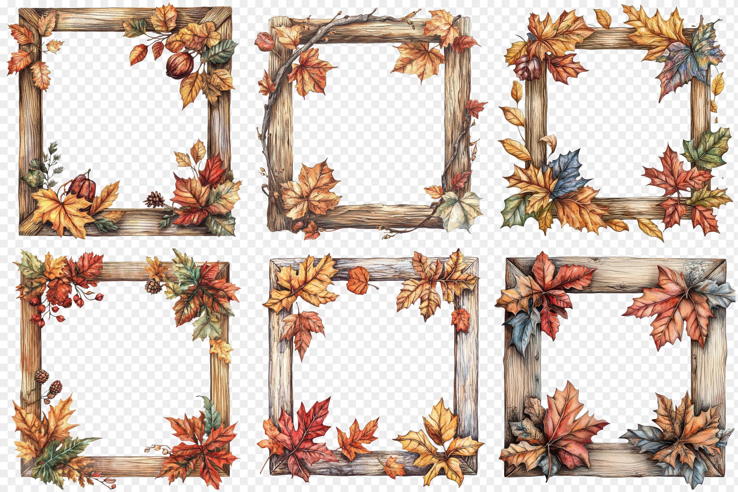 Autumn Leaves and Wood Frame 28 PNG Bundle, Fall Watercolor Border ...