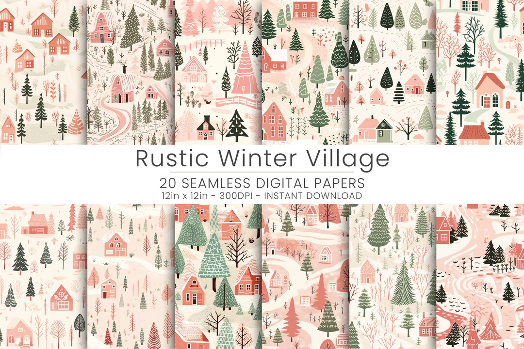 20 Rustic Winter Village Seamless Patterns, Christmas Cottage Clipart ...