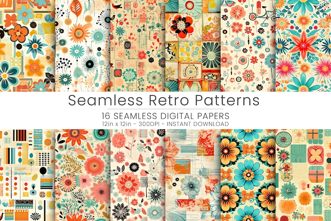 16 Seamless Retro Flower Patterns Digital Paper - Vintage Floral Scrapbooking Paper, High ...