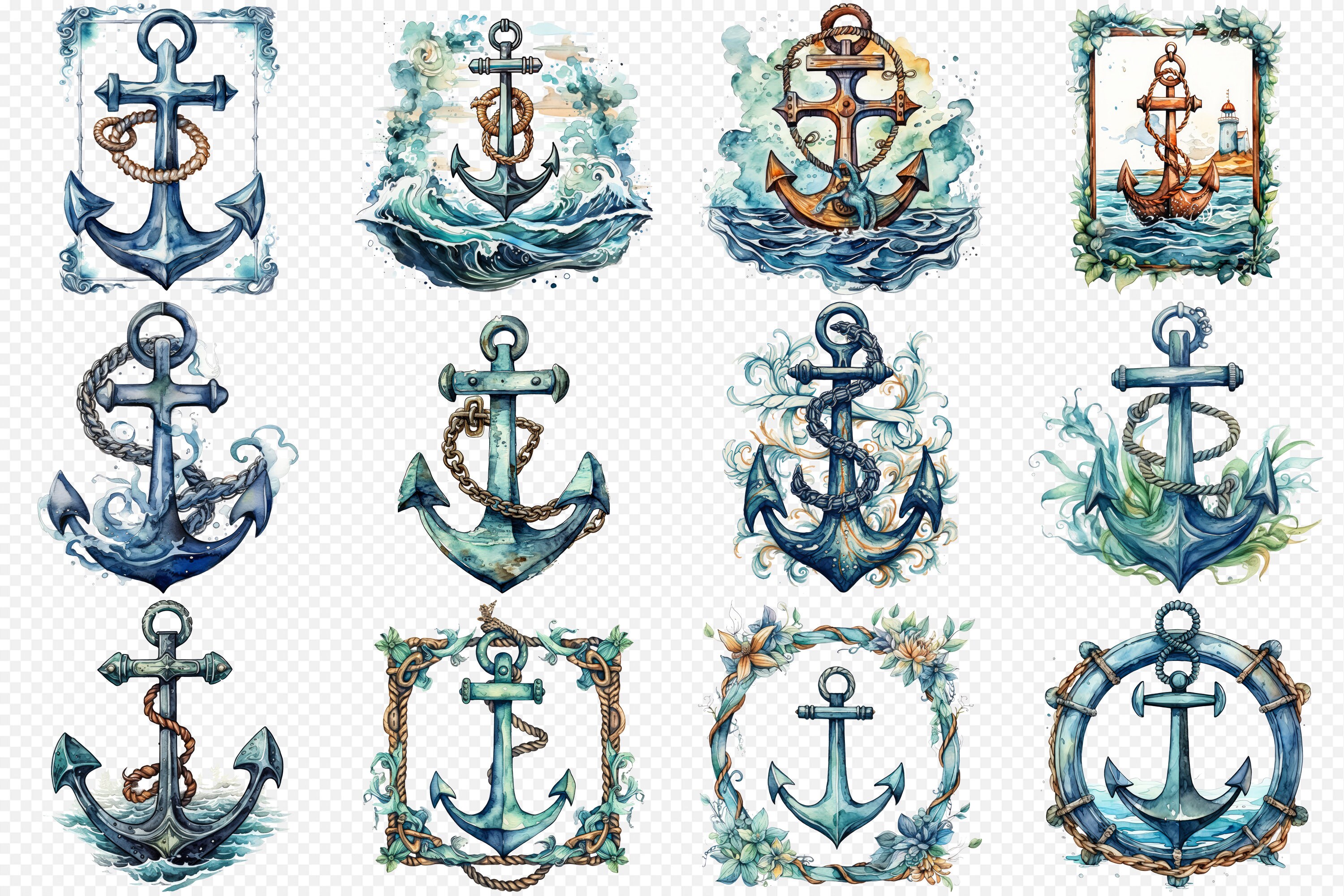Nautical Anchor Clipart Set, 46 Marine Theme Digital Graphics, Ocean ...