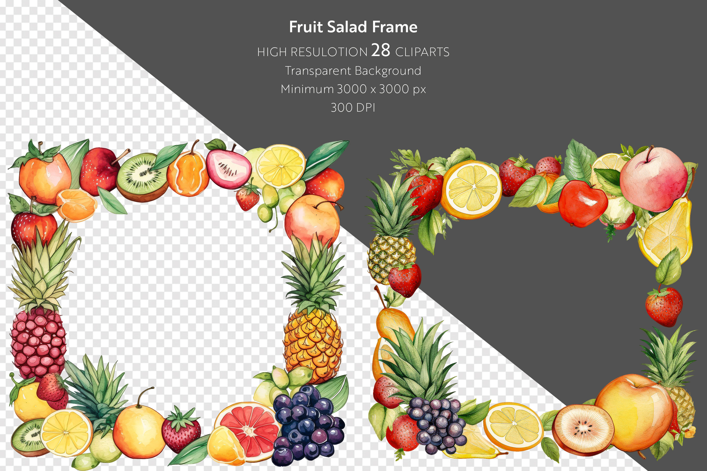 Fruit Salad Frame Clipart, 28 PNG Transparent Fruit Border Illustration ...