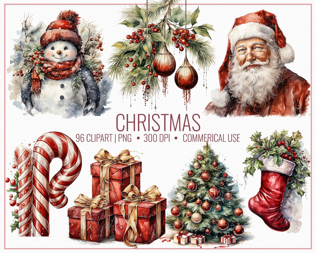 Watercolor Christmas Clipart Set – 96 Holiday PNG Images (digital ...