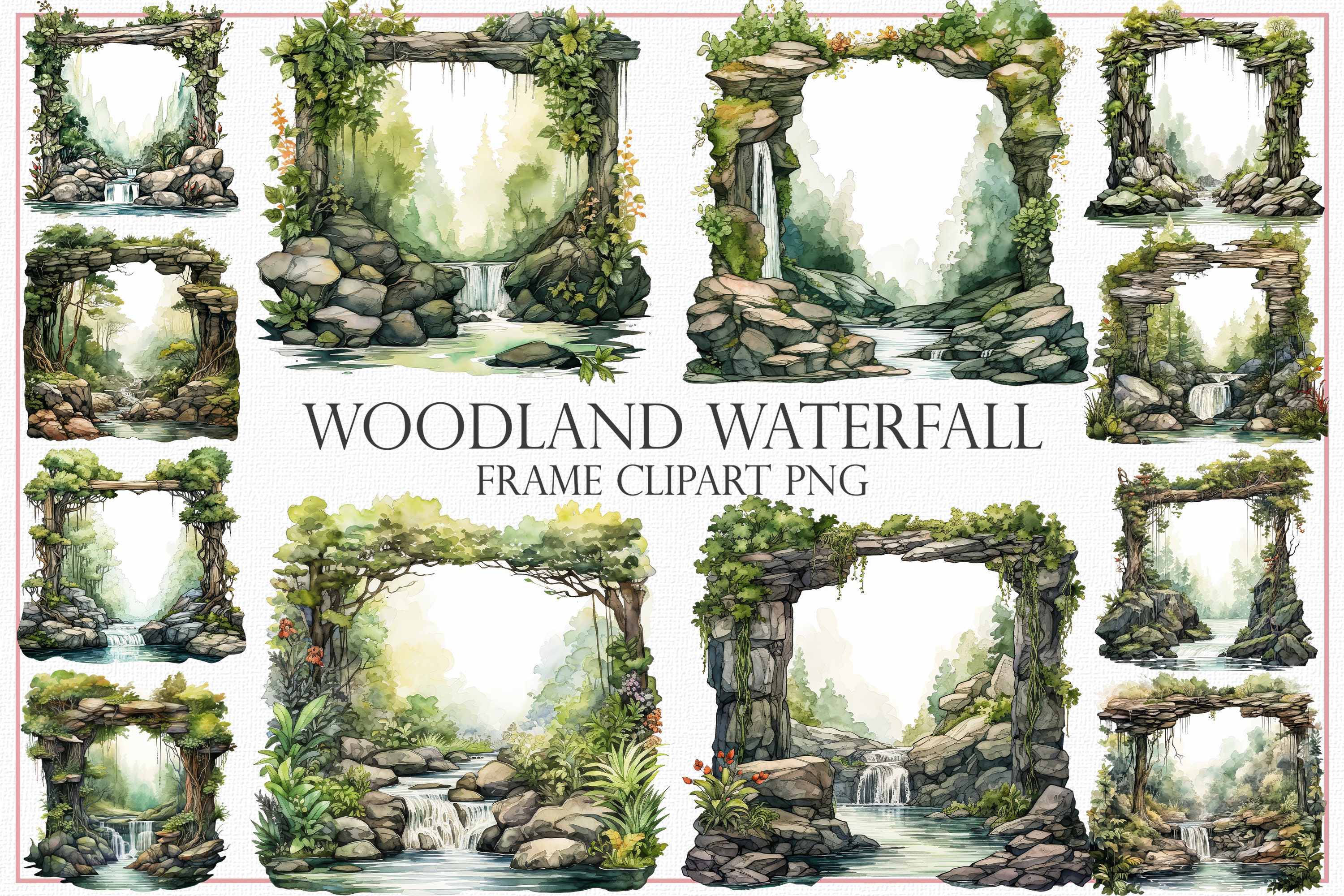 Woodland Waterfall Frame Clipart Set | 24 Nature Frames for ...