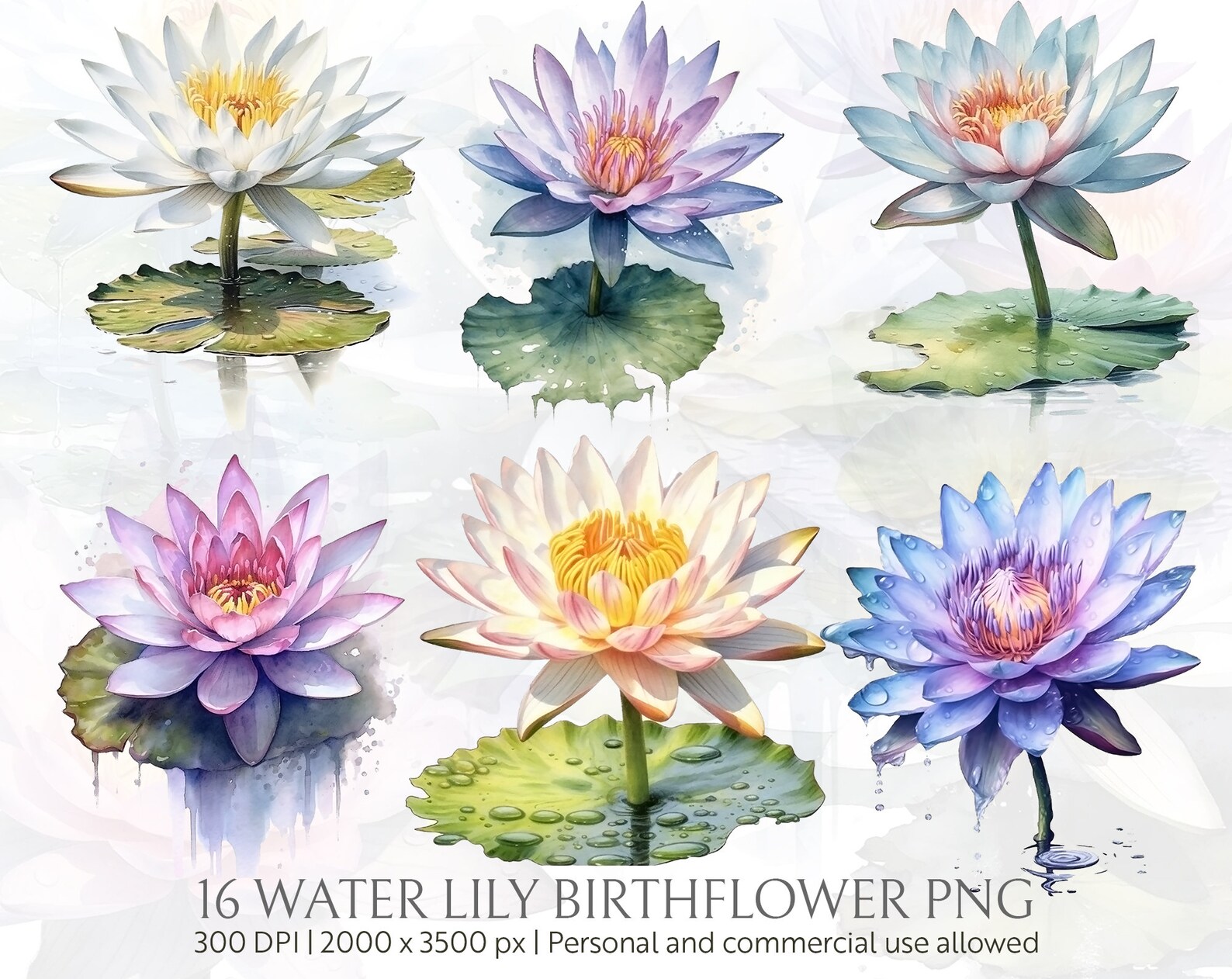 Water Lily Birth Flower Clipart 20 PNG Bundle July Birth Flower ...