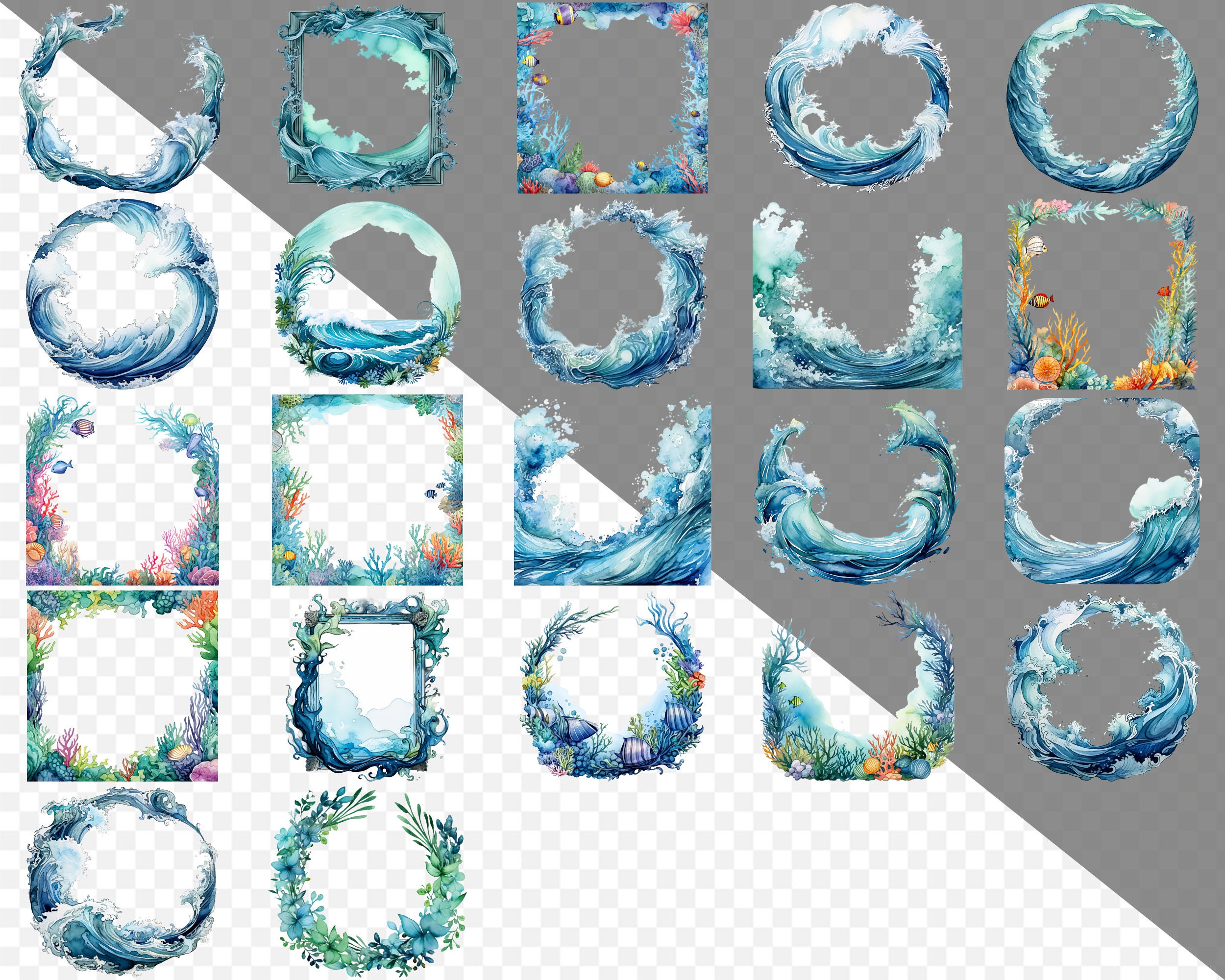 Ocean Frame Clipart, 22 Wave Border Art, Seaside Serenity Frame Clipart ...