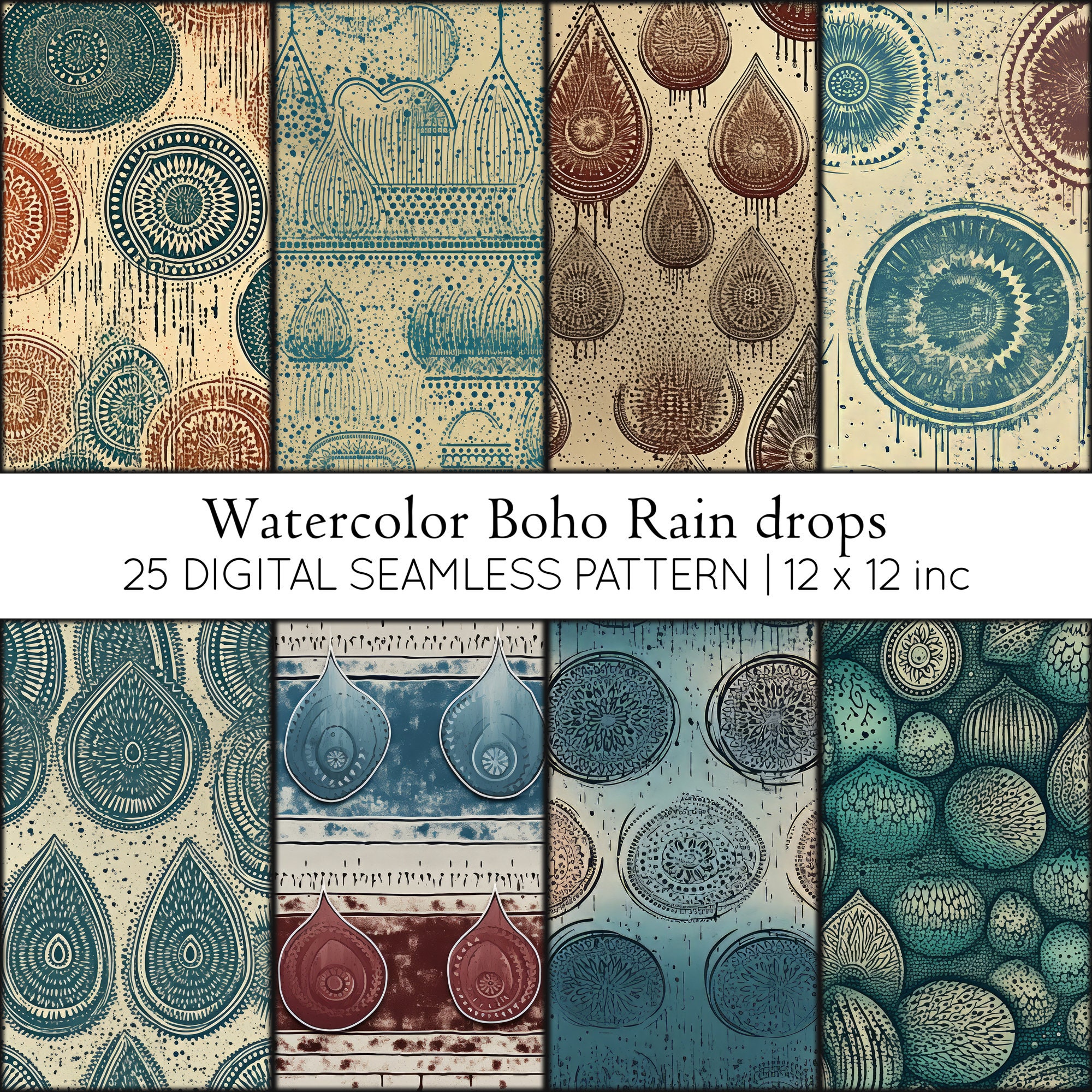 Watercolor Boho Rain Drops, 25 Bohemian Raindrop Design Texture ...