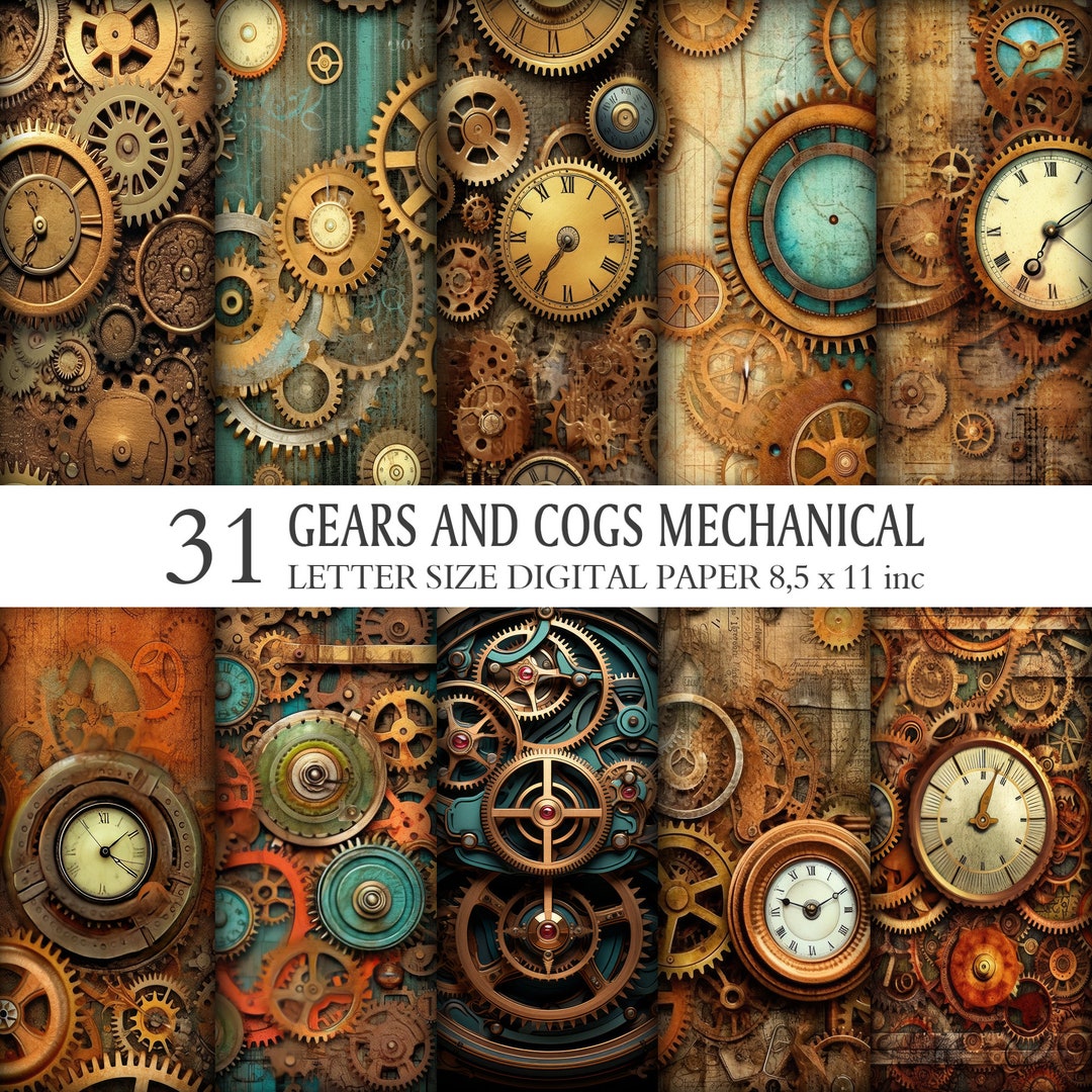 31 Gears and Cogs Mechanical Clockwork Letter Size Digital Paper ...