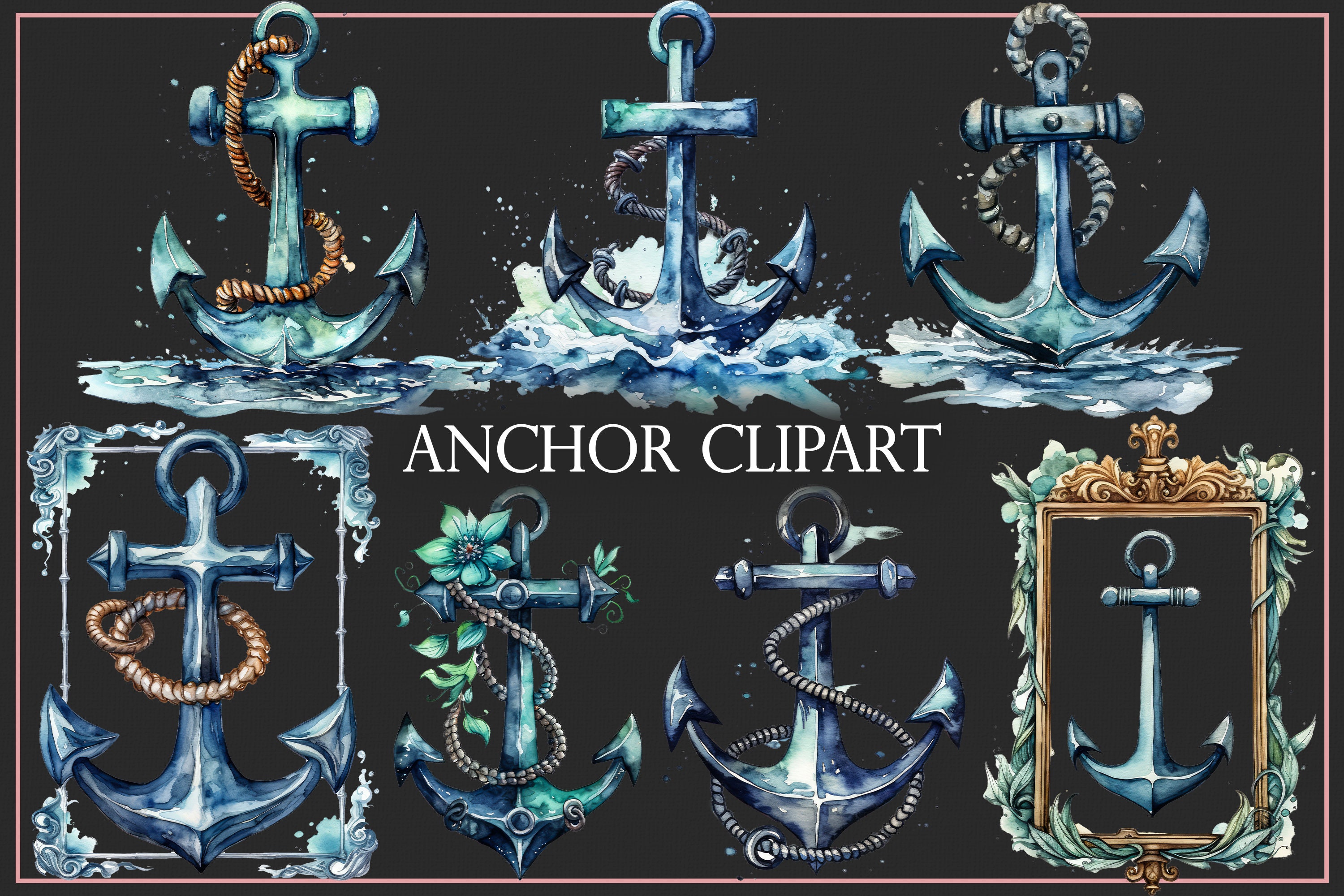 Nautical Anchor Clipart Set, 46 Marine Theme Digital Graphics, Ocean ...