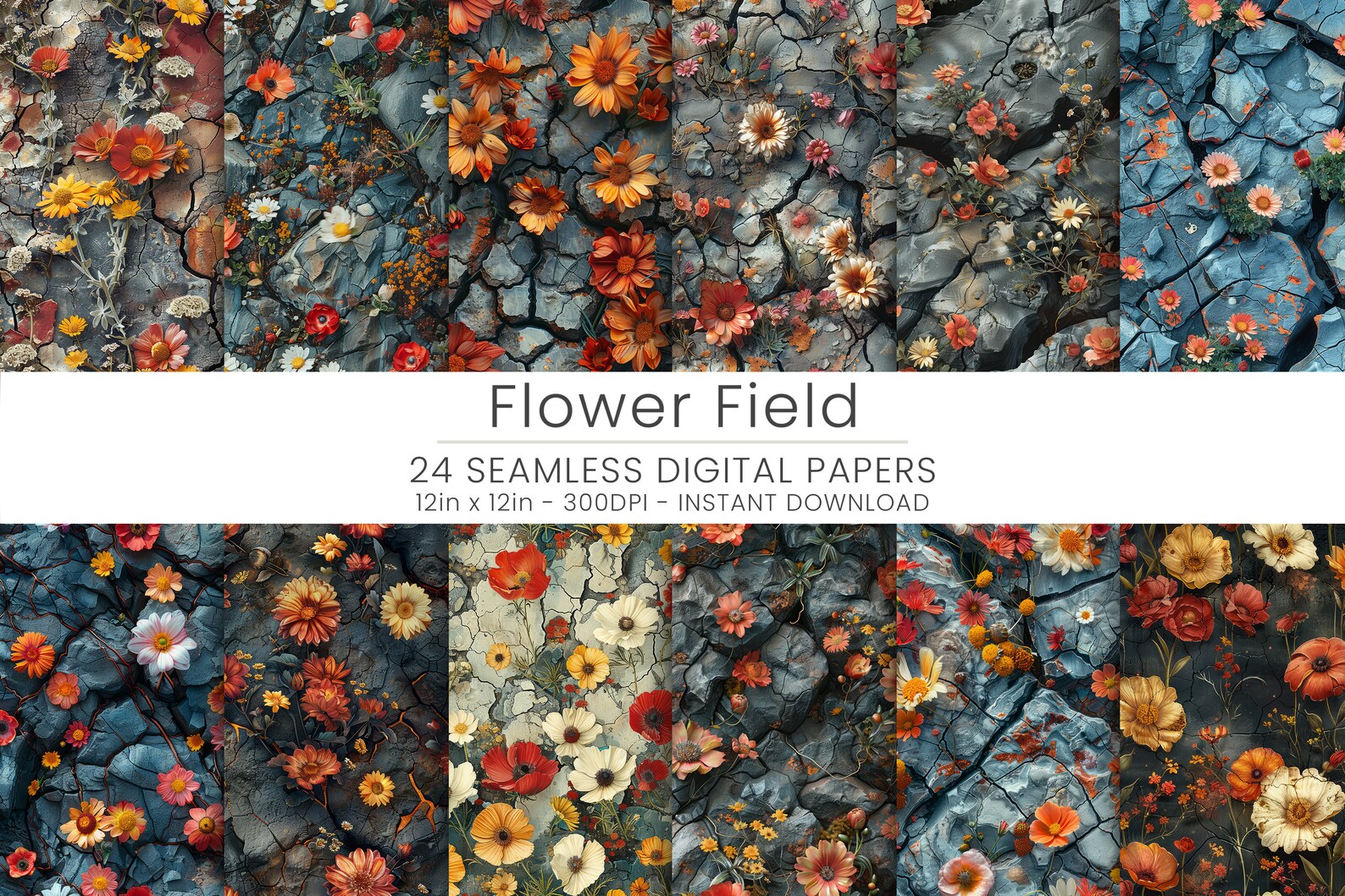 24 Flower Field Digital Paper, Repeatable, JPG, Scrapbooking, Instant ...