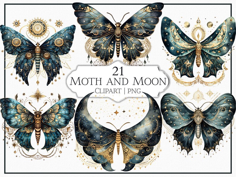 Moth and Moon Clipart Set 21 Celestial Moth and Lunar Theme - Etsy