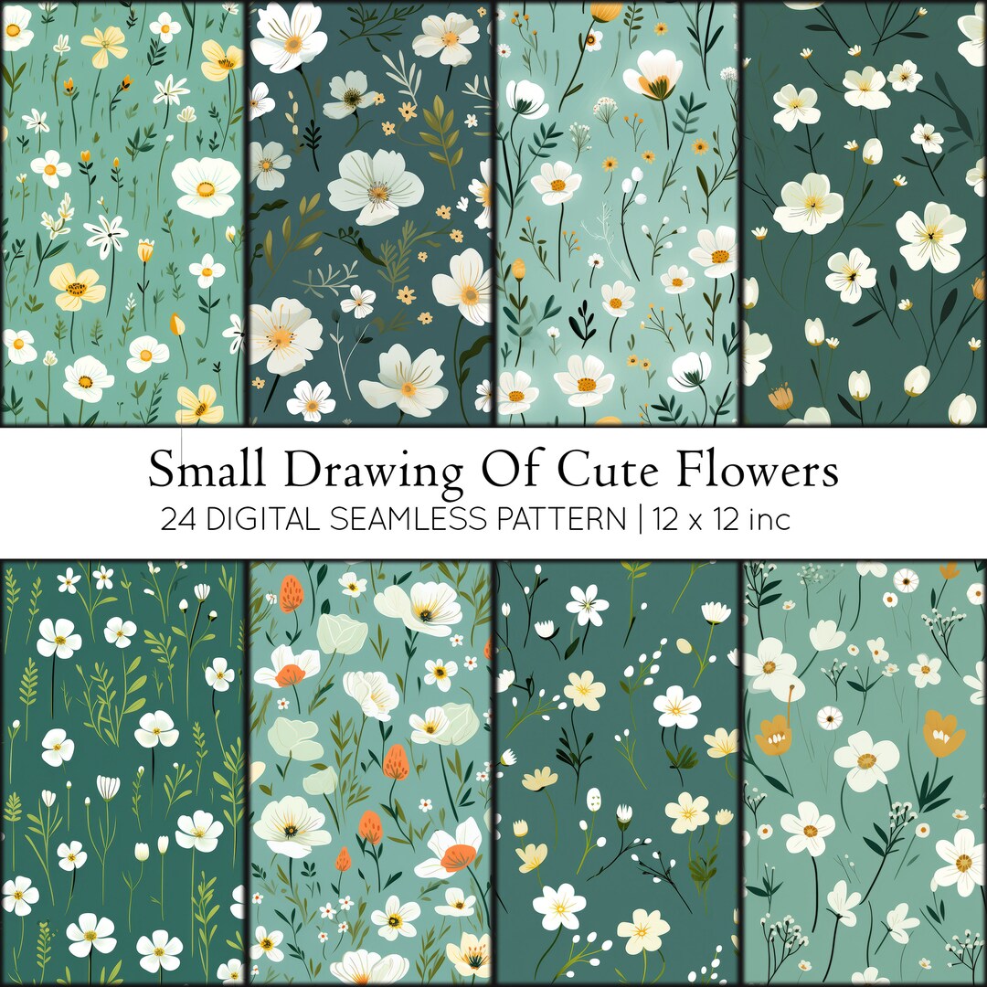 24 Small Drawing of Cute Flowers Digital Paper, Digital Paper, JPG ...