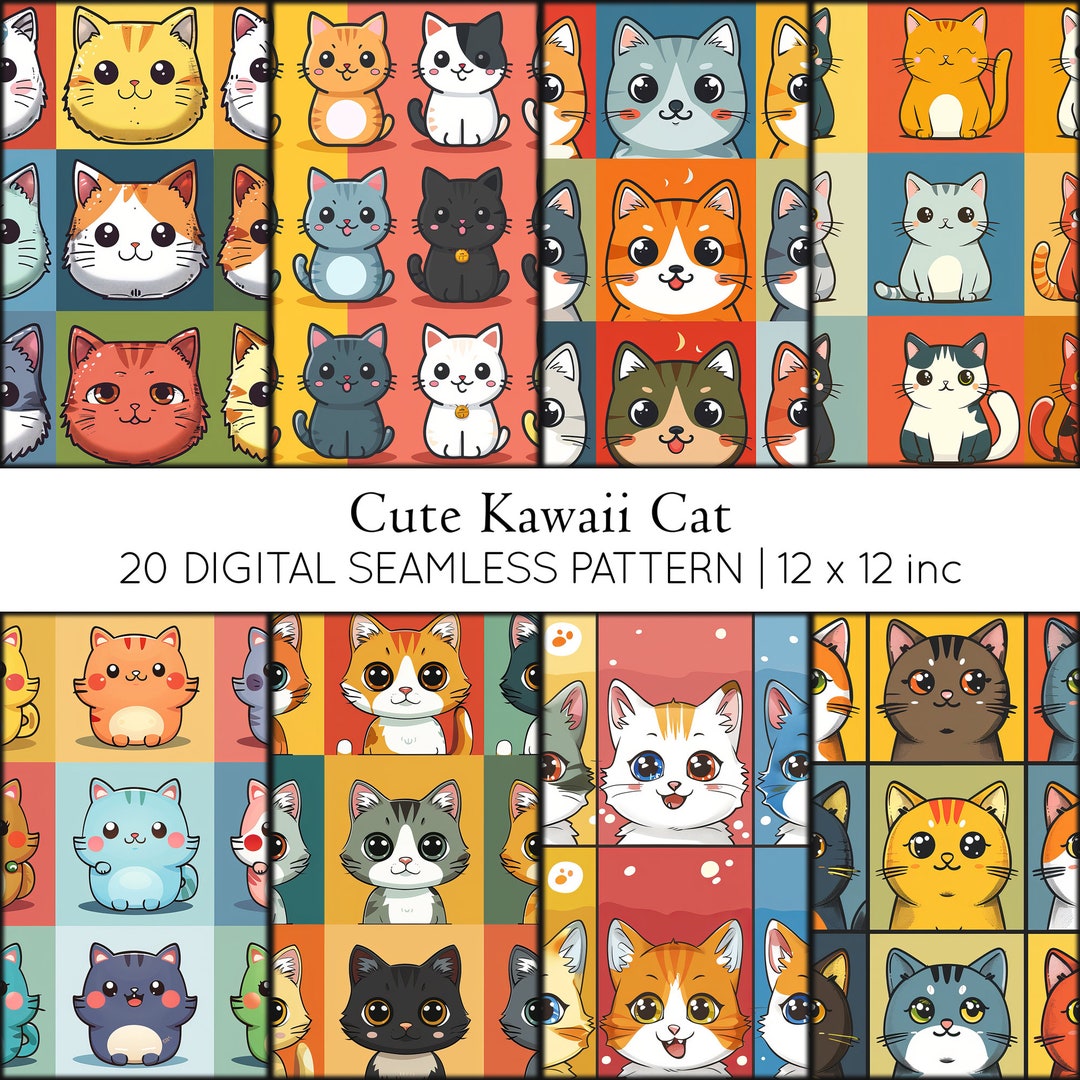 20 Cute Kawaii Cat Digital Paper, Home Decor, Scrapbooking Cat Pattern ...