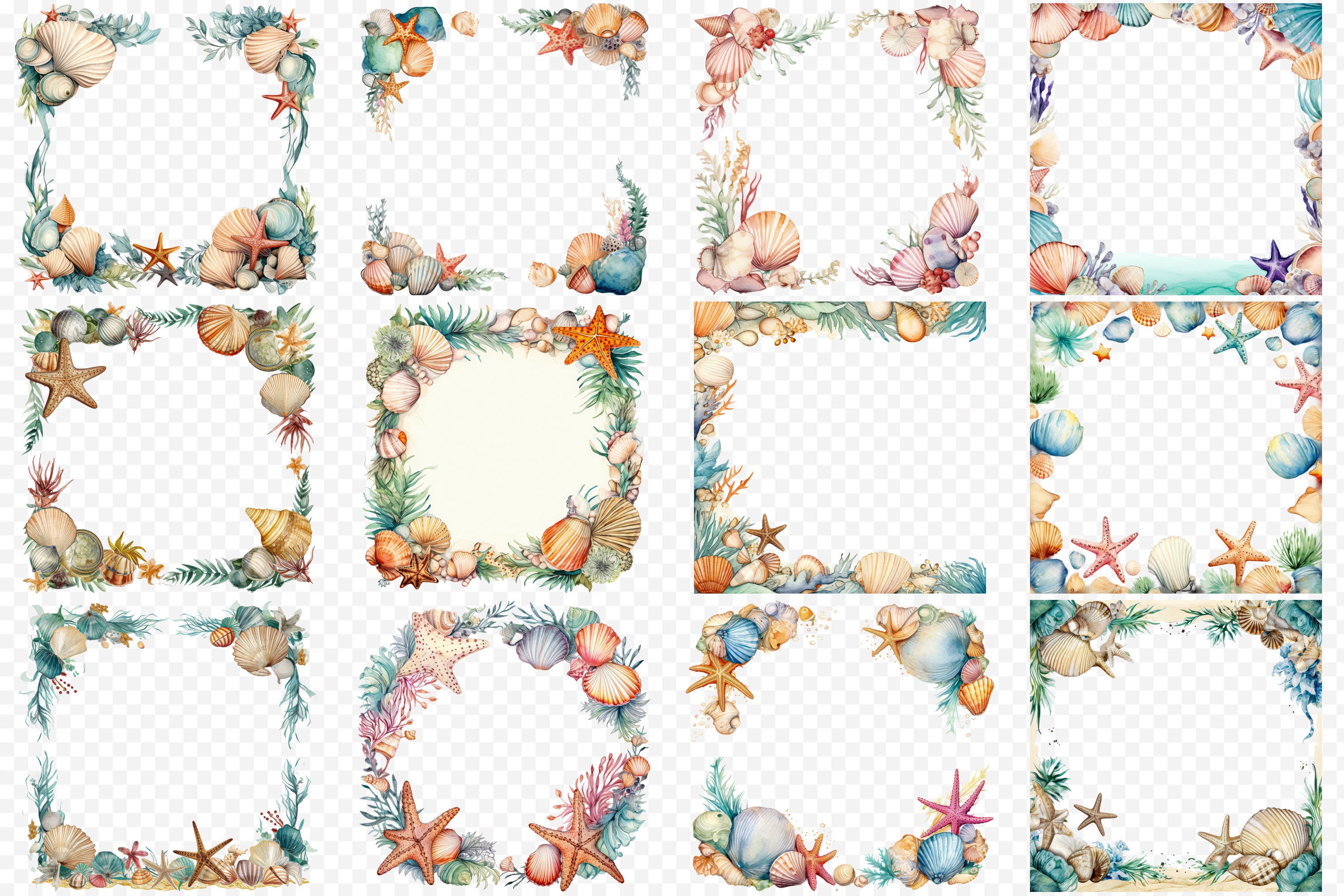 Seashell Border Frame Clipart 35 PNG Designs for Beach Crafts ...