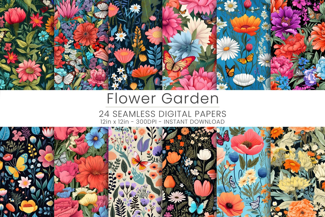 24 Flower Garden Digital Paper, JPG, Instant Download, Scrapbooking ...