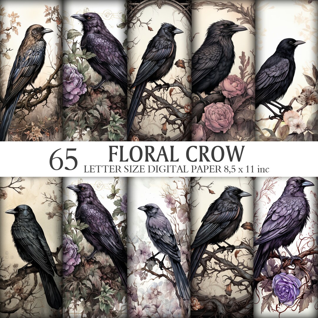 65 Floral Crow Letter Size Digital Paper - Elegant and Botanical ...