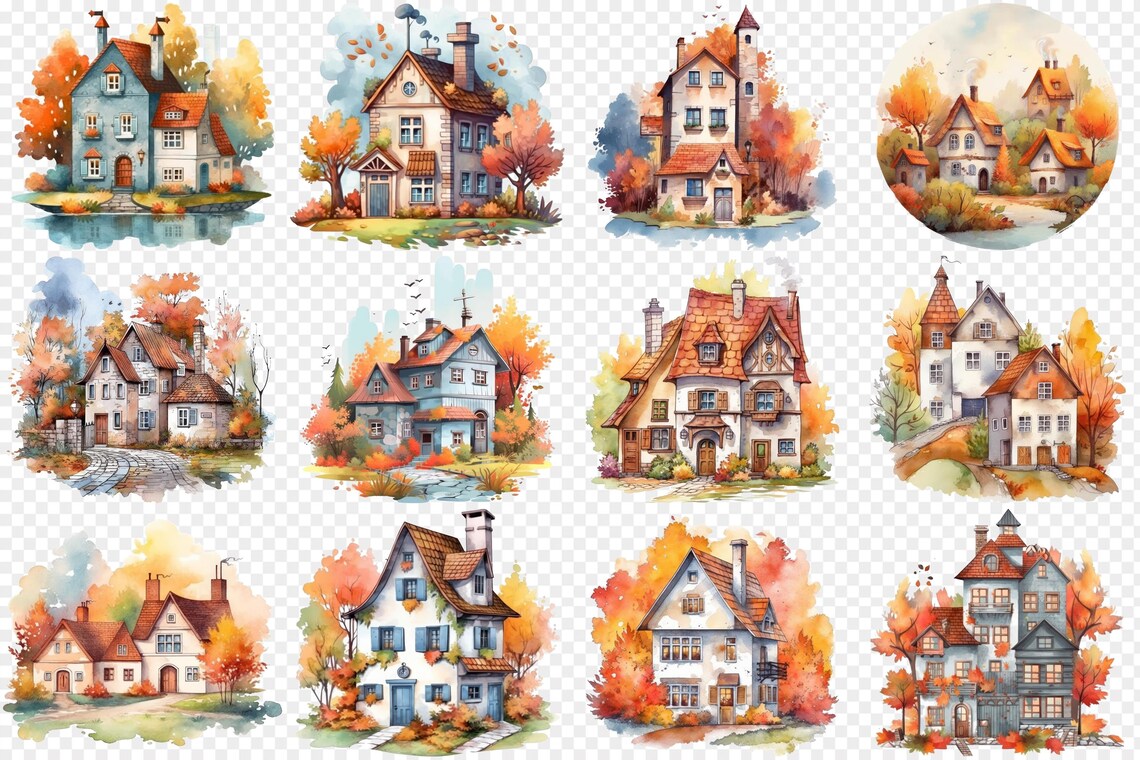 Autumn Villages House Watercolor Clipart, 74 Cozy Fall Cottage ...