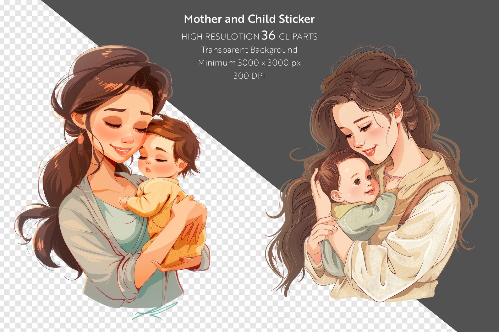 36 Mother and Child Sticker, Home Decor, Scrapbooking, PNG, Instant ...
