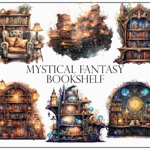 Mystical Bookshelf Clipart – Fantasy Library Graphics (PNG, Digital ...