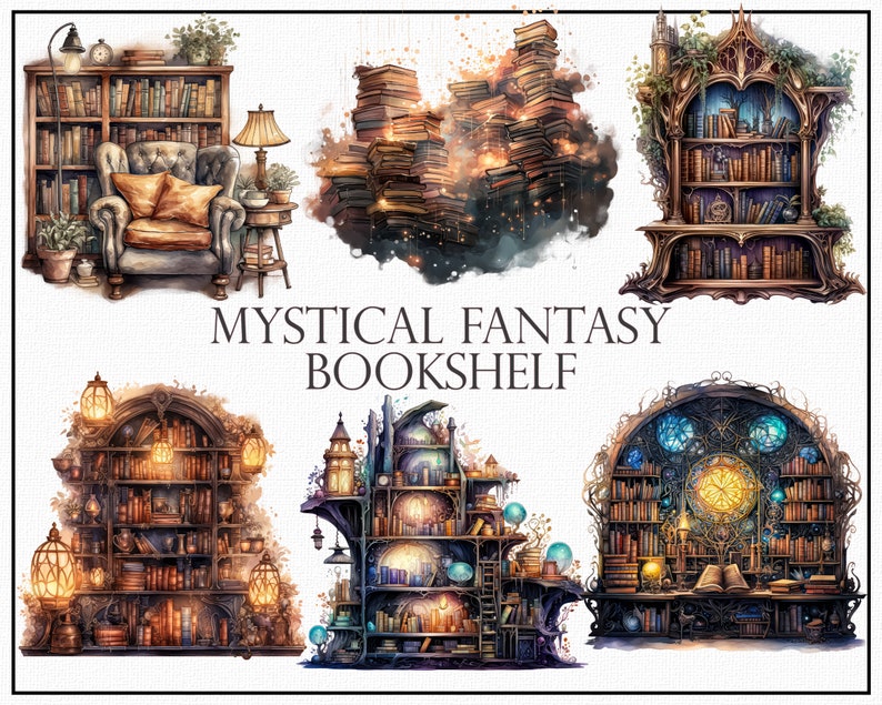 Mystical Fantasy Bookshelf Clipart 73 Digital Library Graphics, Magical ...